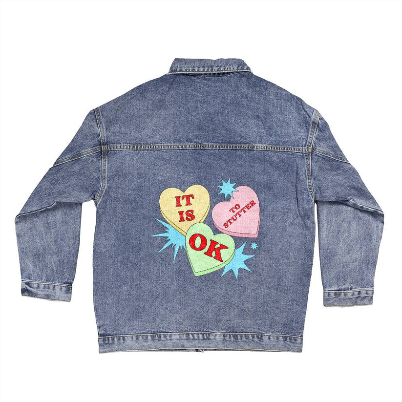 It Is OK to Stutter Candy Heart Jean Jacket – Vermont Stuttering Therapy