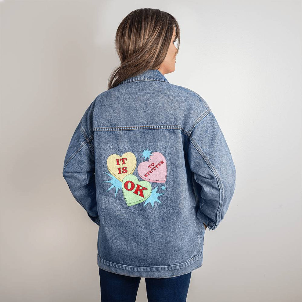 It Is OK to Stutter Candy Heart Jean Jacket – Vermont Stuttering Therapy